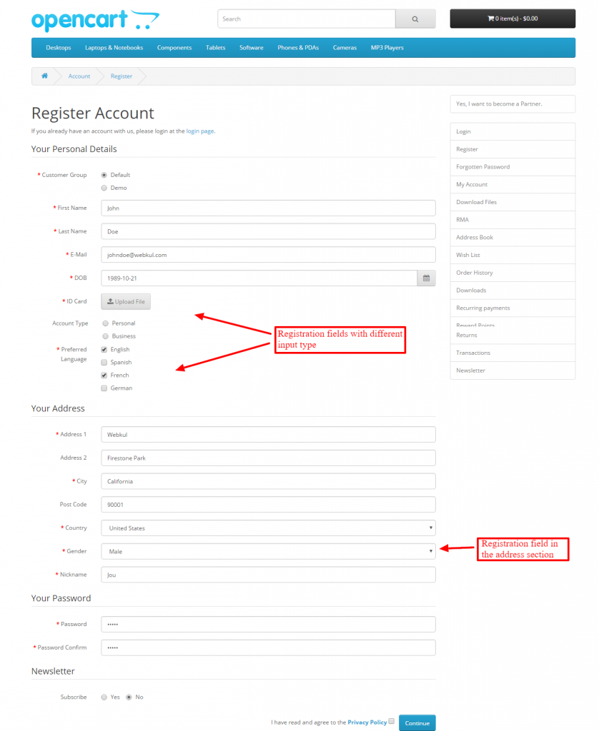 Opencart Advanced Registration