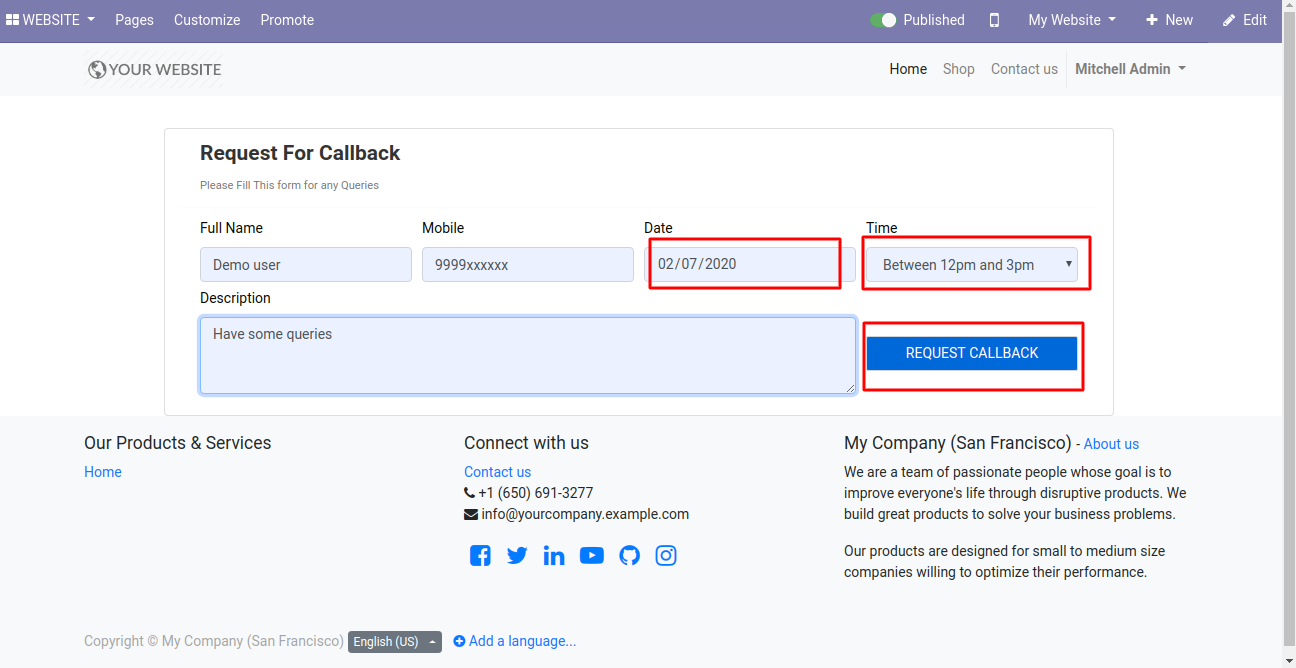 Odoo Website Request for callback| Odoo callback request form